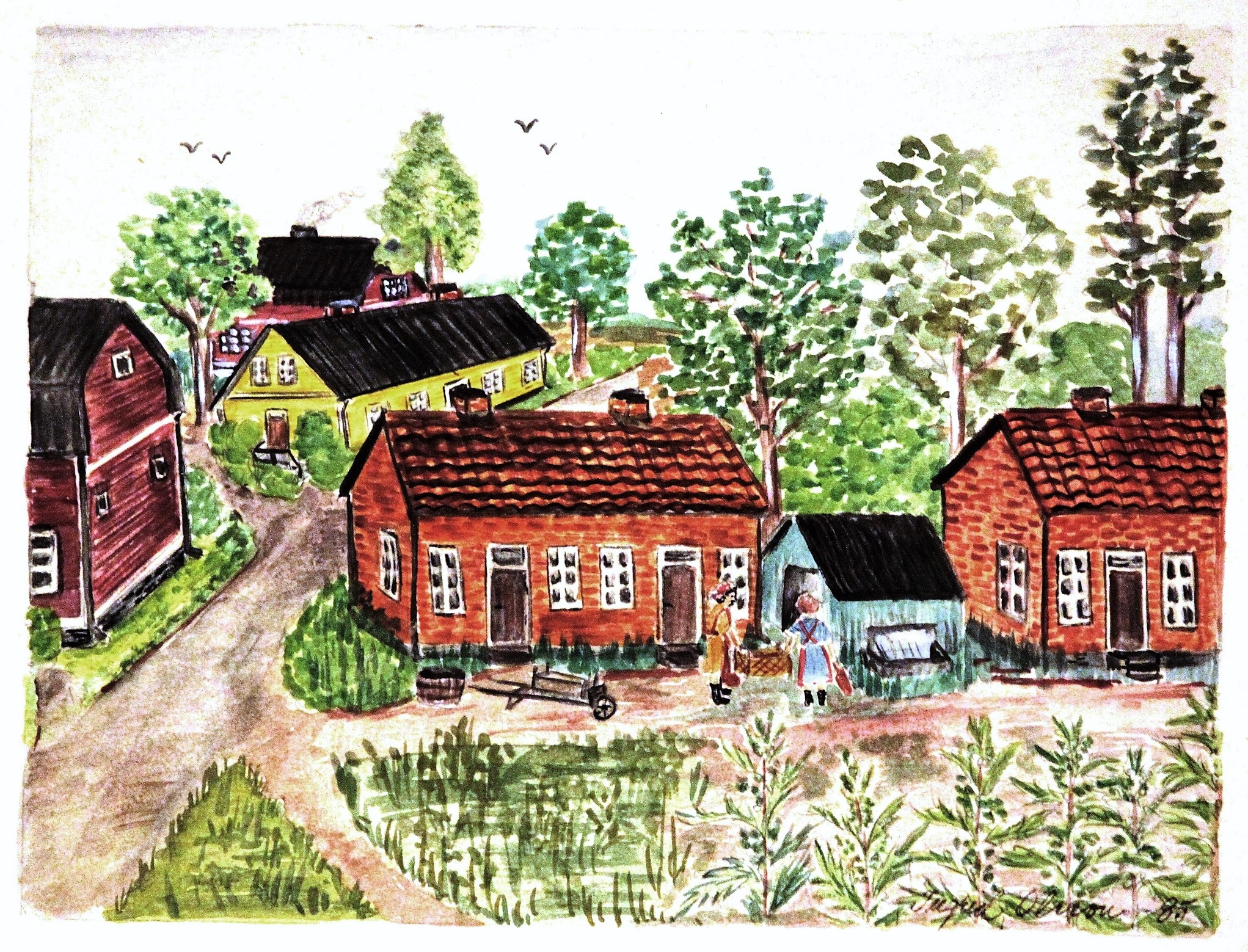 Ingrid Olsson har tecknat hur tvättstugorna såg ut längs Kolabybäcken ...